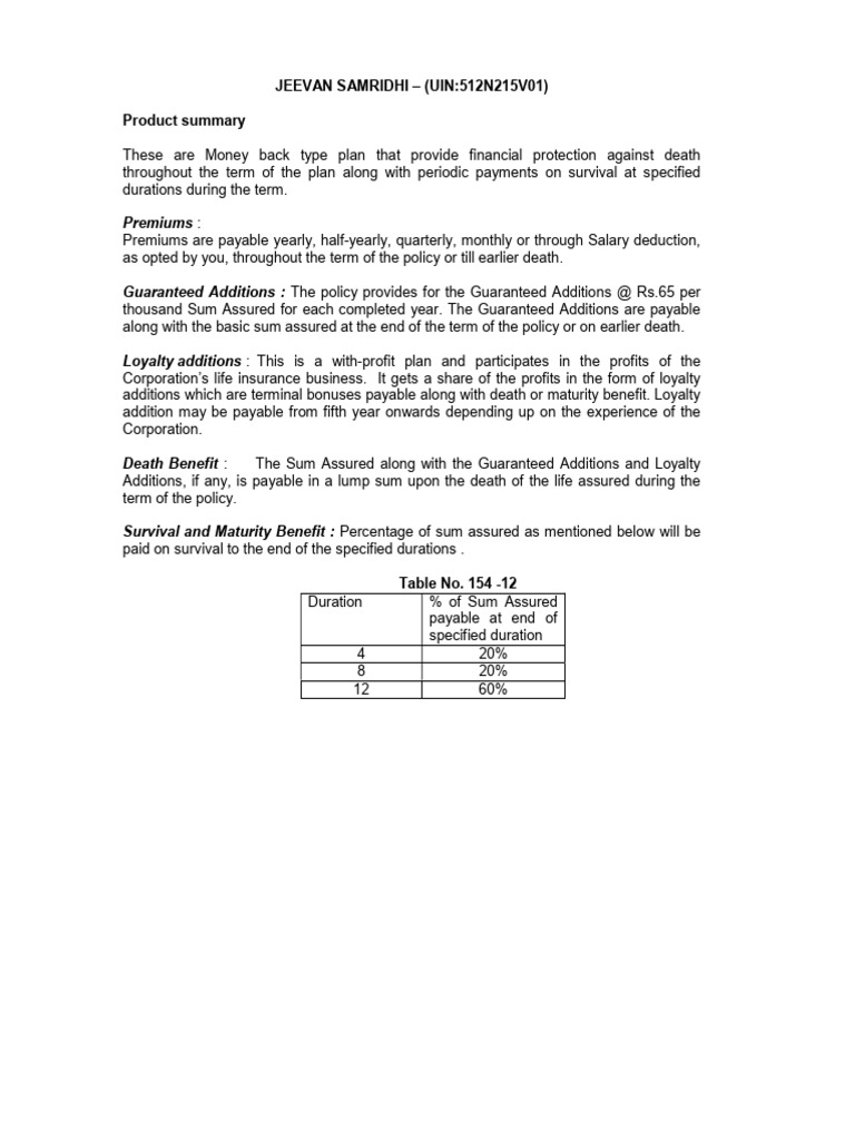 LIC S Jeevan Samridhi - 512N215V01 | PDF | Life Insurance | Insurance