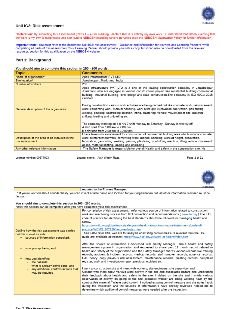 Risk Assessment IG 2 Arsh 1 | PDF