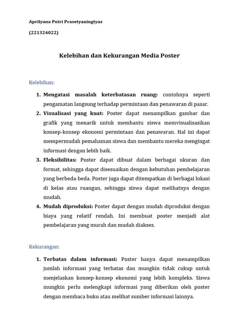 Kelebihan Dan Kekurangan Media Poster - Aprilyana Putri Prasetyaningtyas - 221324022 | PDF