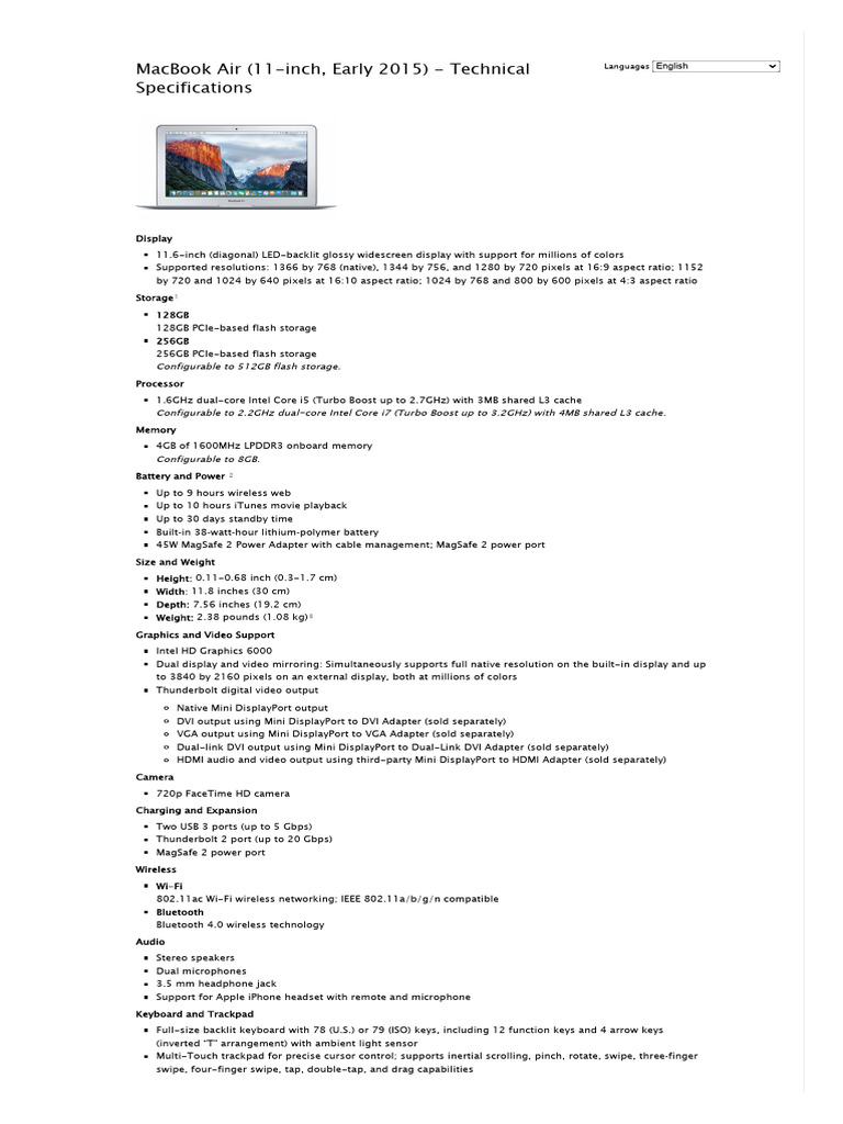 MacBook Air (11-Inch, Early 2015) - Technical Specifications | PDF ...