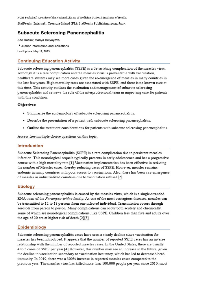 Subacute Sclerosing Panencephalitis - StatPearls - NCBI Bookshelf | PDF ...