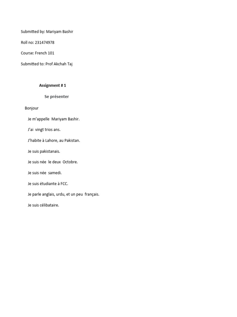 French 101 Assignment 1 | PDF
