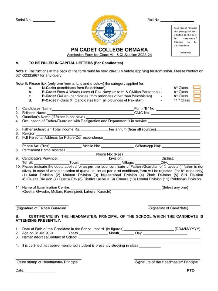 Cadet College Ormara Admission Form | PDF