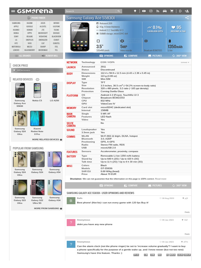 Samsung Galaxy Ace S5830I - Full Phone Specifications | PDF | Consumer ...