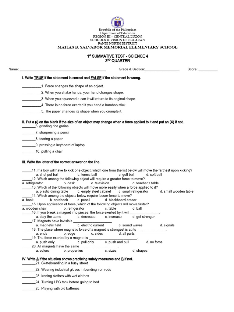 1ST Summative-3rd Quarter | PDF | Force | Materials