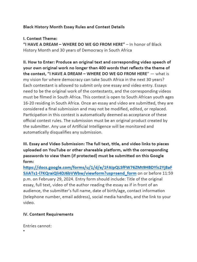 Black History Month Essay Rules and Contest Details 1 | PDF | Mass ...