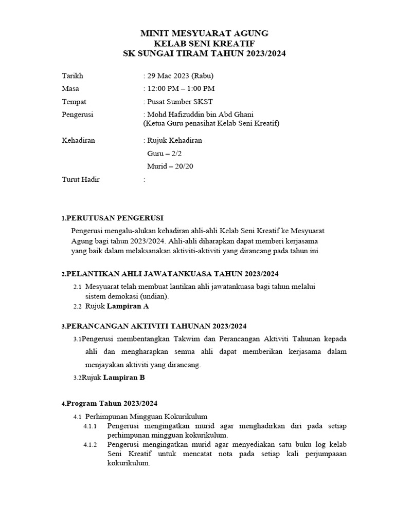 Minit Mesyuarat Agung Kelab Seni Kreatif SKST 2022 Dan 2023 | PDF