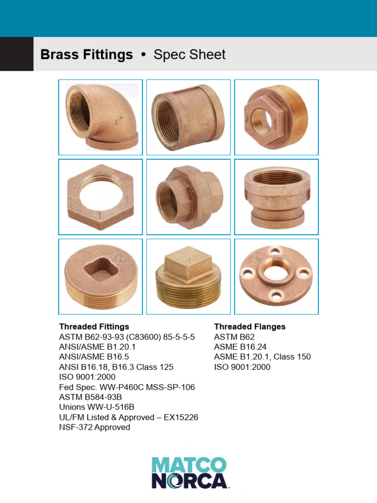 Brass Fittings Spec Sheet | PDF | Mechanical Engineering | Plumbing