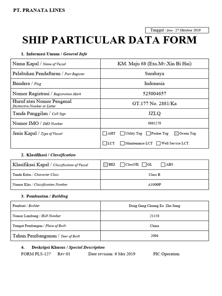 Ship Particulars of KM. Maju 68 | PDF | Tonnage | Crane (Machine)
