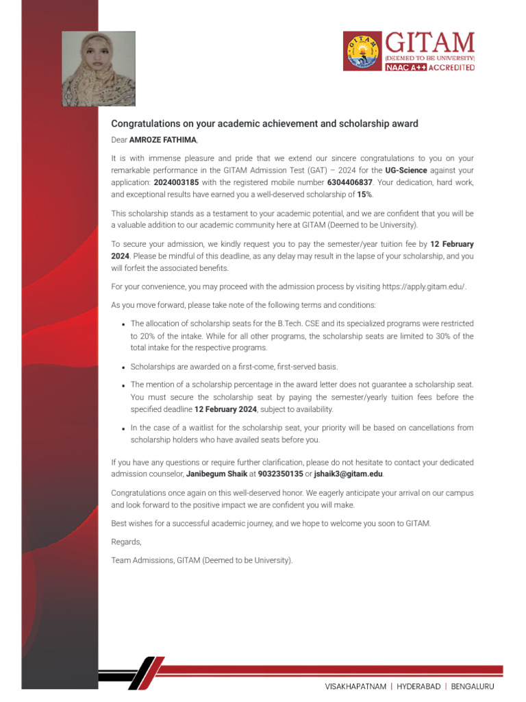 Gitam Admission Letter | PDF | Finance & Money Management