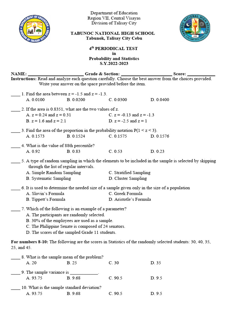 4th Periodical Test: Probability & Statistics | PDF | Null Hypothesis ...