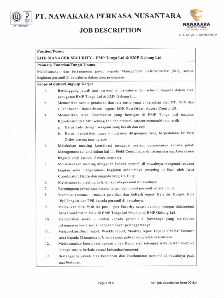 Jobdesk Site Manager EMP Tonga Sign | PDF