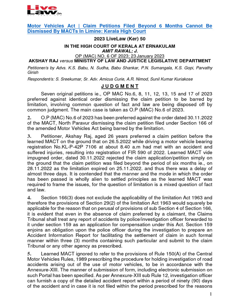 MACT Claims: Kerala HC Ruling on Limitations | PDF | Law
