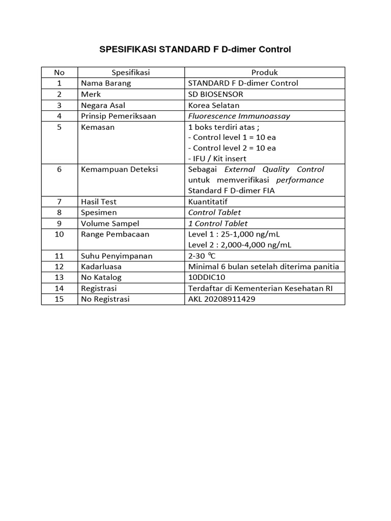 Spesifikasi STANDARD F D-Dimer Control | PDF