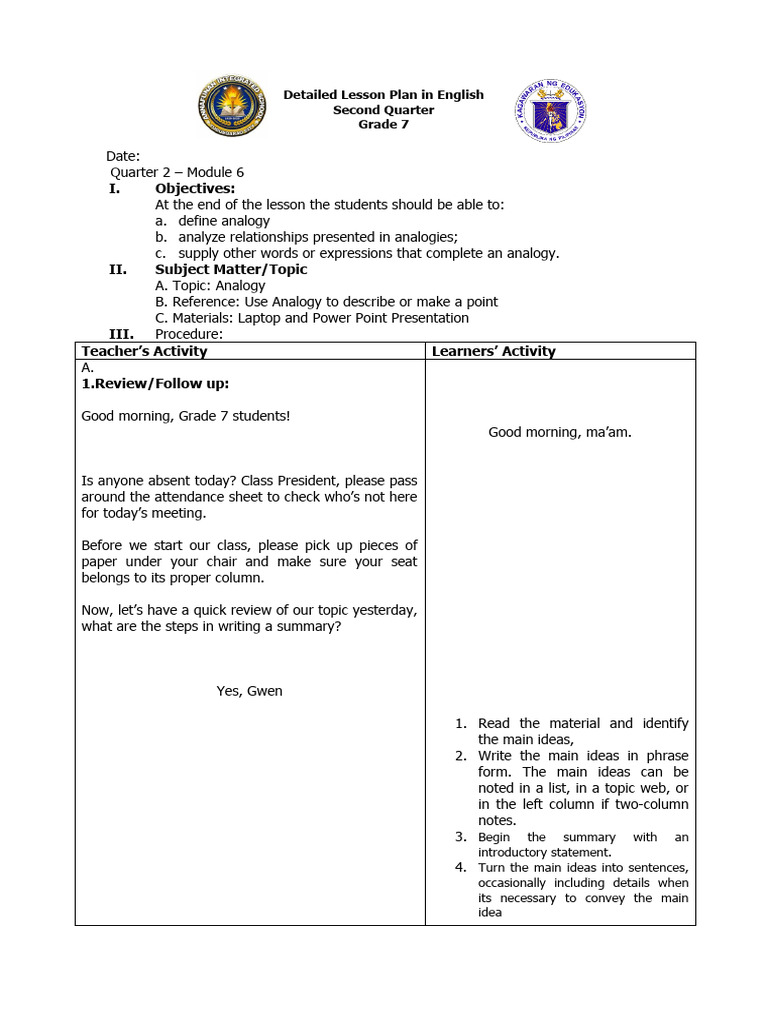 Grade 7 - Analogy | PDF | Analogy