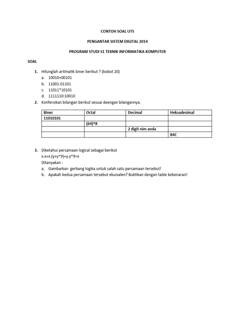 Contoh Soal Uts Pengantar Sistem Digital | PDF