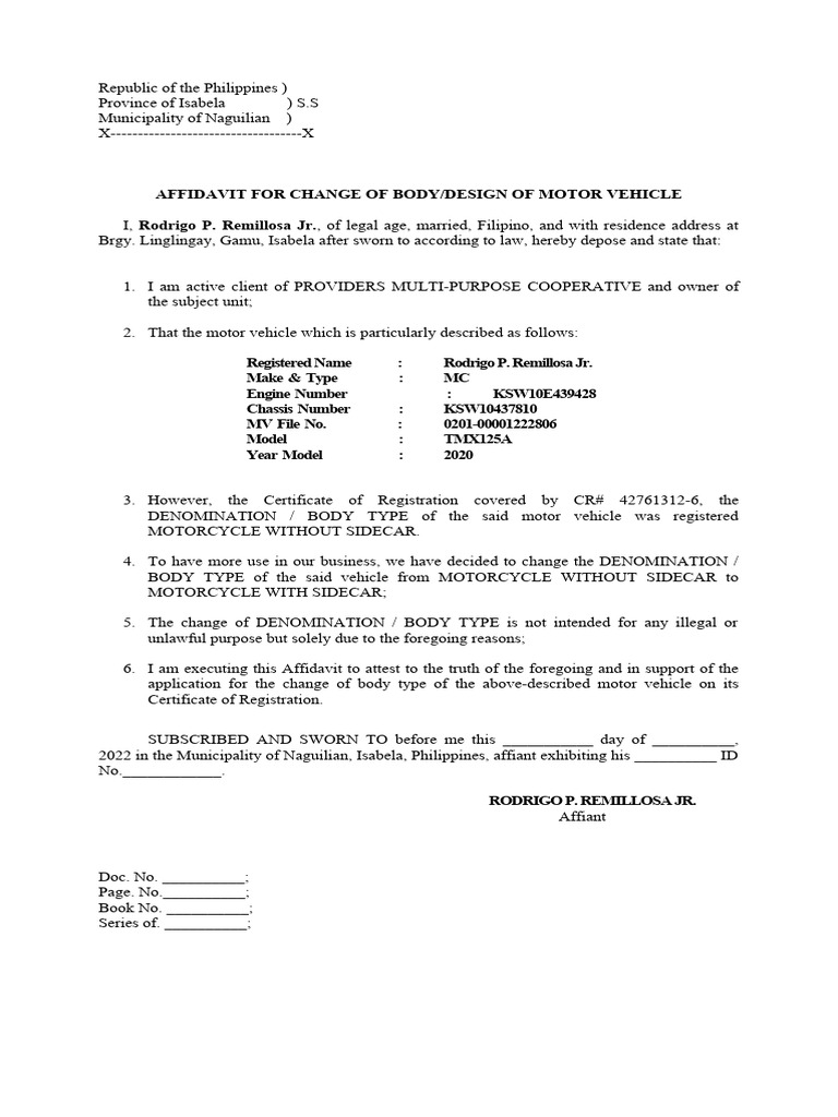 affidavit of change body design | PDF | Affidavit | Vehicles