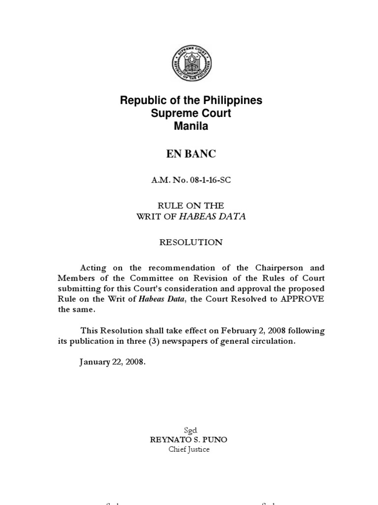 A.m.no.08!1!16-Sc Rule on the Writ of Habeas Data | Habeas Corpus | Writ