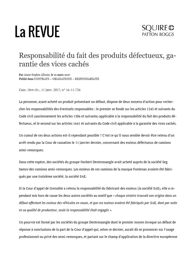 Responsabilité Du Fait Des Produits Défectueux, Garantie Des Vices ...