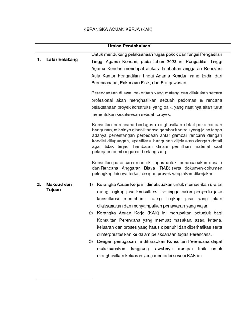 Kerangka Acuan Kerja Jasa Konsultansi Renov Aula Kantor | PDF