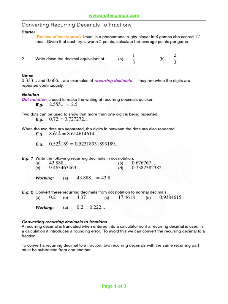 Convert Recurring Decimals To Fractions LESSON | PDF | Decimal | Division (Mathematics)
