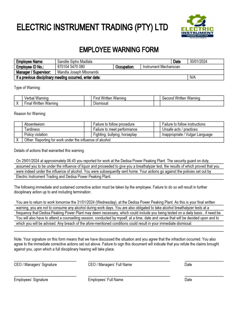 Employee Warning Form | PDF | Justice | Crime & Violence