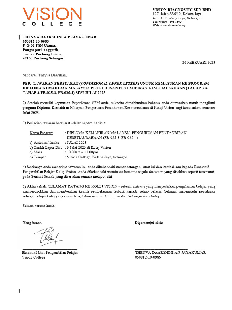 Surat Tawaran Bersyarat Diploma Kemahiran Malaysia Pengurusan ...