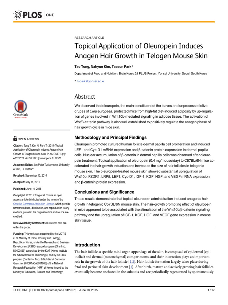 Topical Application of Oleuropein Induces Anagen Hair Growth in Telogen ...