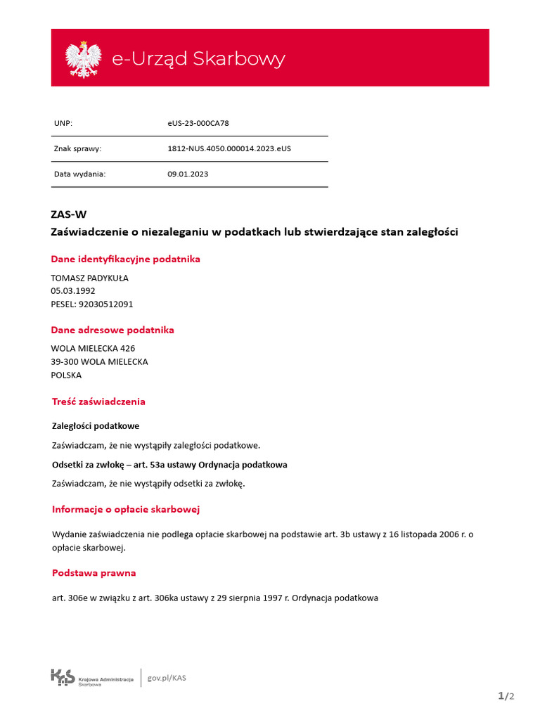 Zaświadczenie o Niezaleganiu ZAS W 09-01-2023 20-45 | PDF