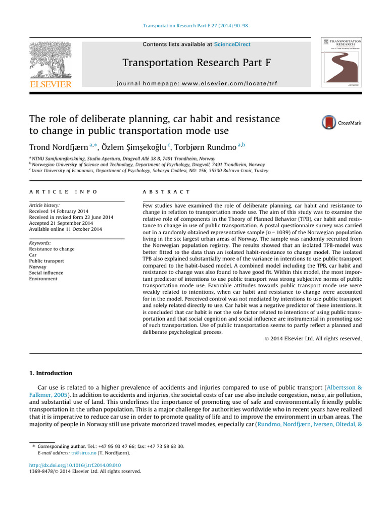 The Role of Deliberate Planning, Car Habit and Resistance To Change in ...