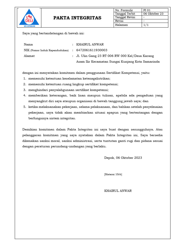 Komitmen Pakta Integritas Sertifikat Kompetensi | PDF