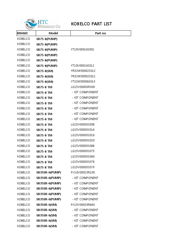 Kobelco Product List HTC | PDF | Piston | Gear