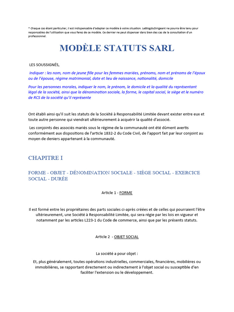 Modèle de Statuts SARL 1 | PDF | Business