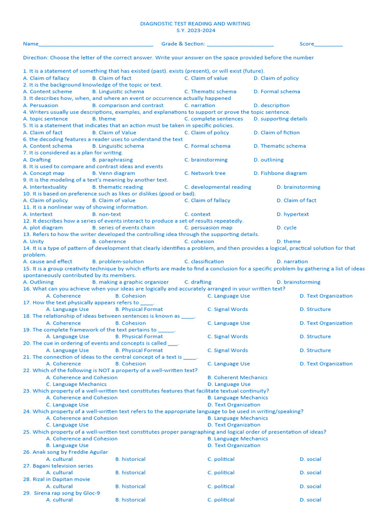 Diagnostic Test Reading & Writing | PDF | Conceptual Model | Social Media