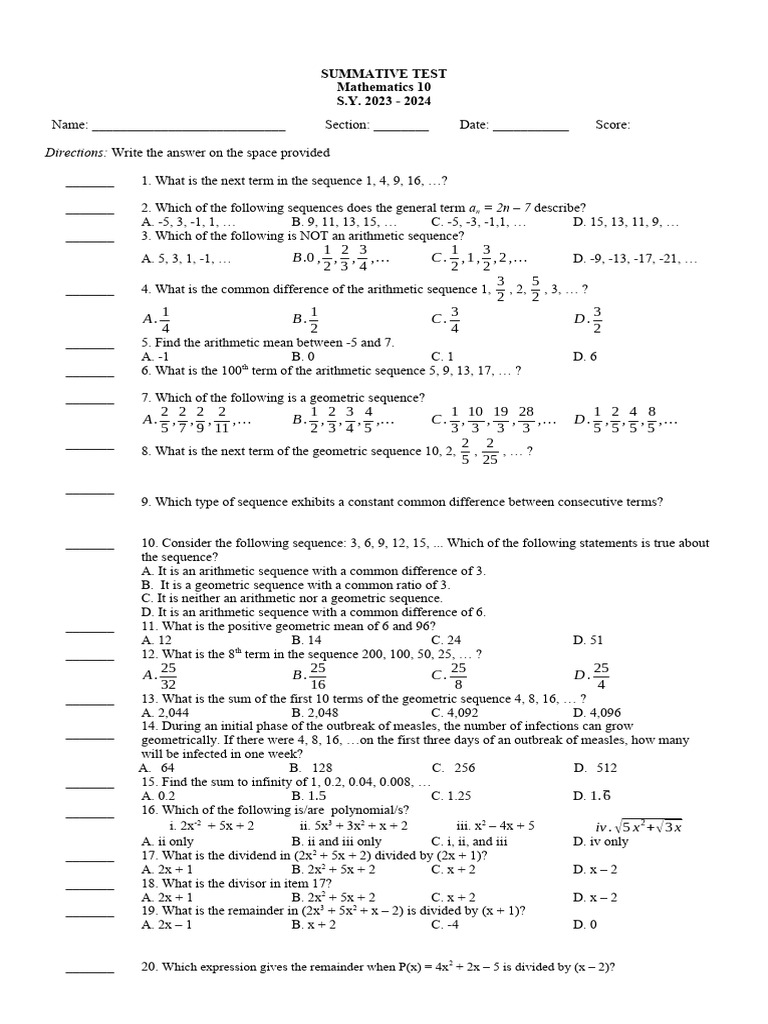 Grade 10 Math Summative Test Review | PDF