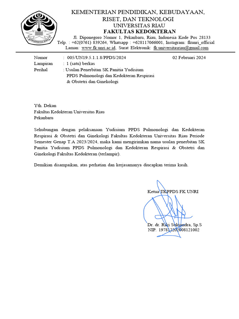 Surat Usulan Panitia Yudisium PPDS Pulmo Dan PPDS Obgin Genap 2023-2024 | PDF