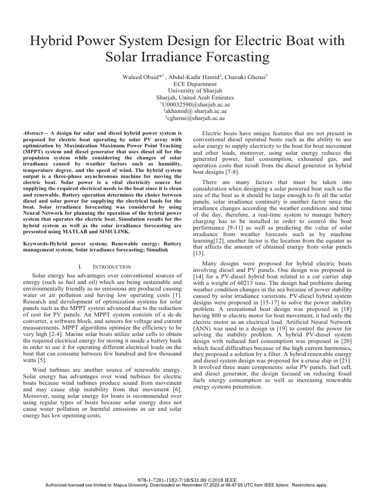 Hybrid Power System Design For Electric Boat With Solar Irradiance Forcasting | PDF | Solar ...