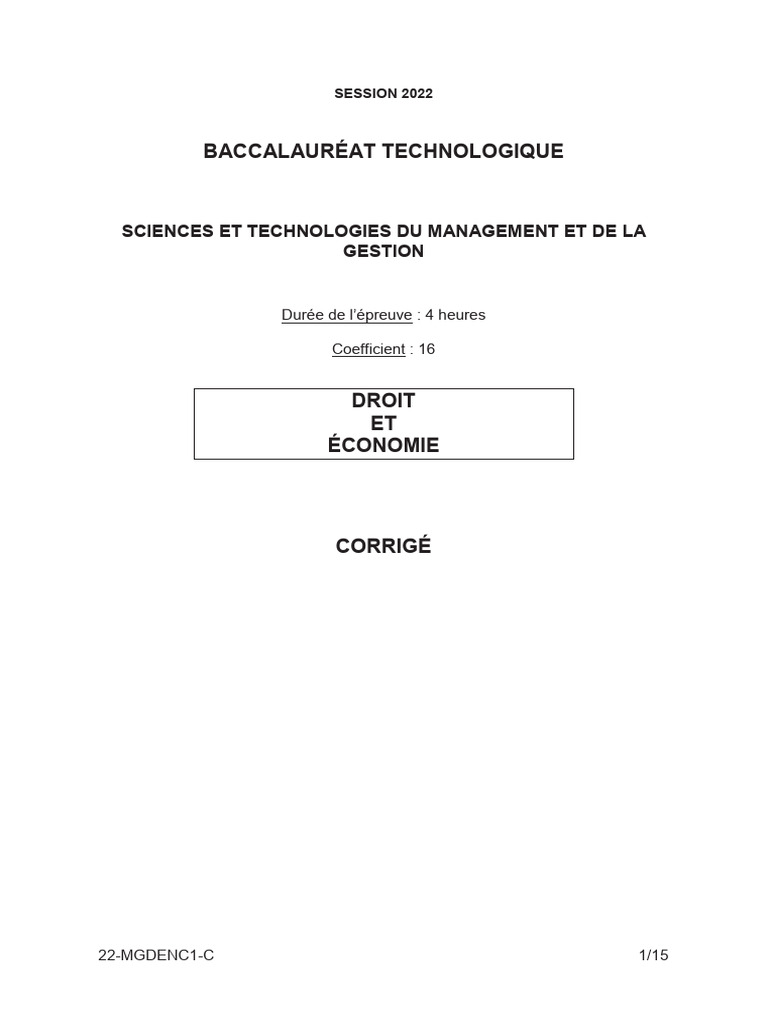 STMG Spe Droit Economie 2022 Nouvelle Caledonie Corrige Officiel | PDF