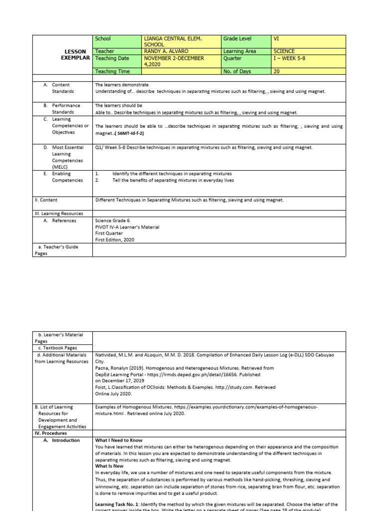 Lesson Exemplar in Science 6 For Week 5 8 Quarter 1 | PDF | Social Science