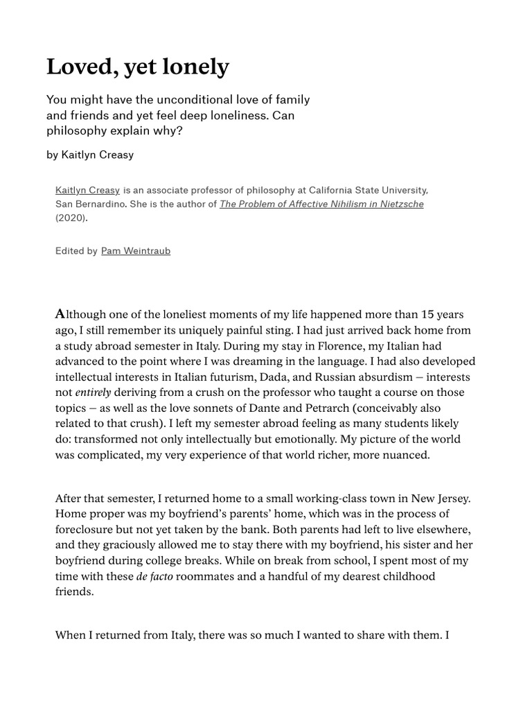 How Is It Possible To Be Loved and Yet To Feel Deeply Lonely? | PDF ...