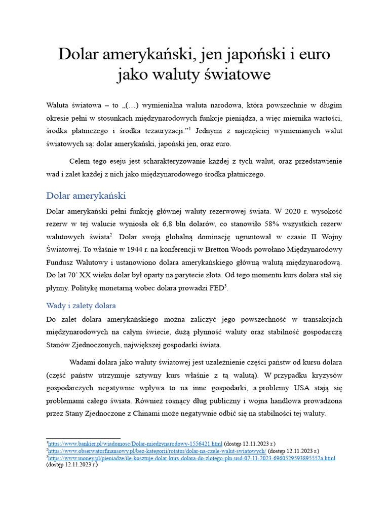 Dolar Amerykański, Jen Japoński I Euro Jako Waluty Światowe | PDF