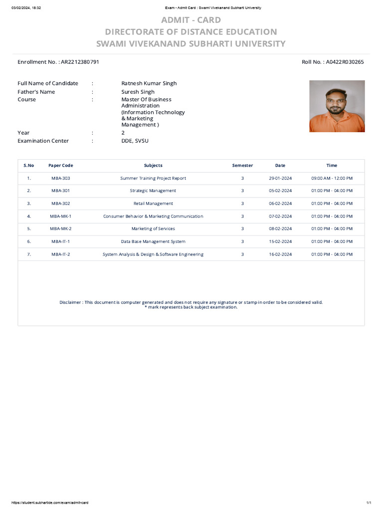 Exam - Admit Card - Swami Vivekanand Subharti University | PDF ...