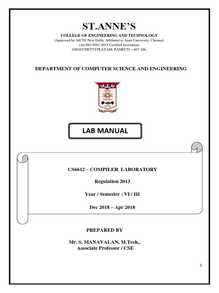 Cs6612-Compiler Laboratory | PDF | Compiler | Computer Program