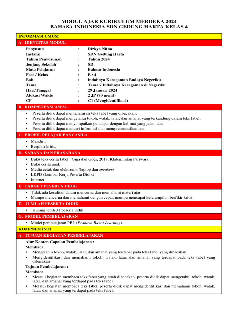 Modul Ajar Kelas 4 Fix | PDF