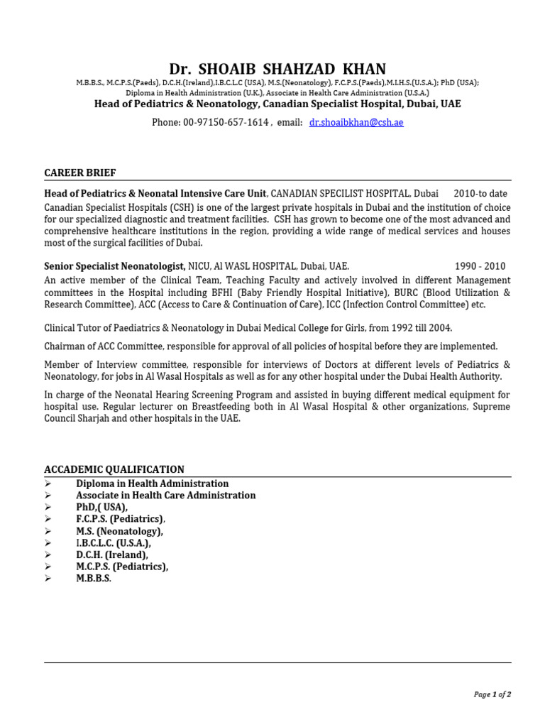 DR Shoaib S Khan - CV - Resume | PDF | Neonatology | Neonatal Intensive ...