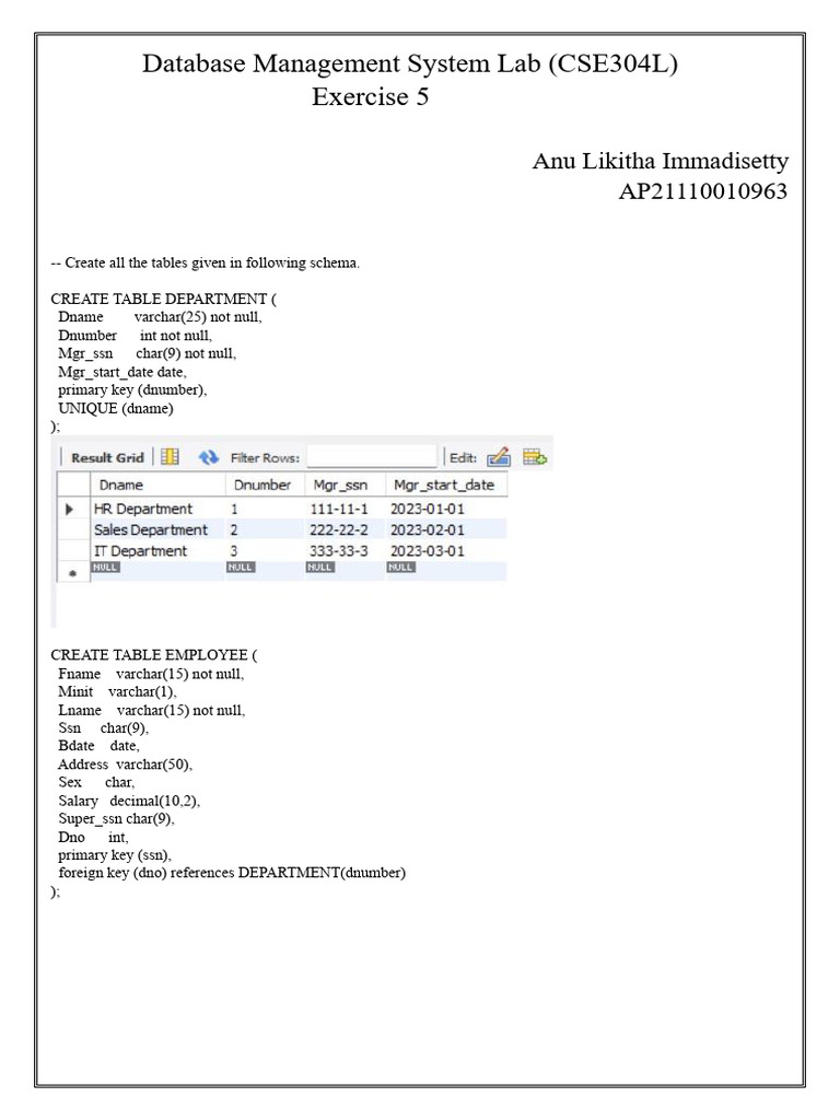 Database Management System Lab (CSE304L) Exercise 5: Anu Likitha Immadisetty AP21110010963 | PDF