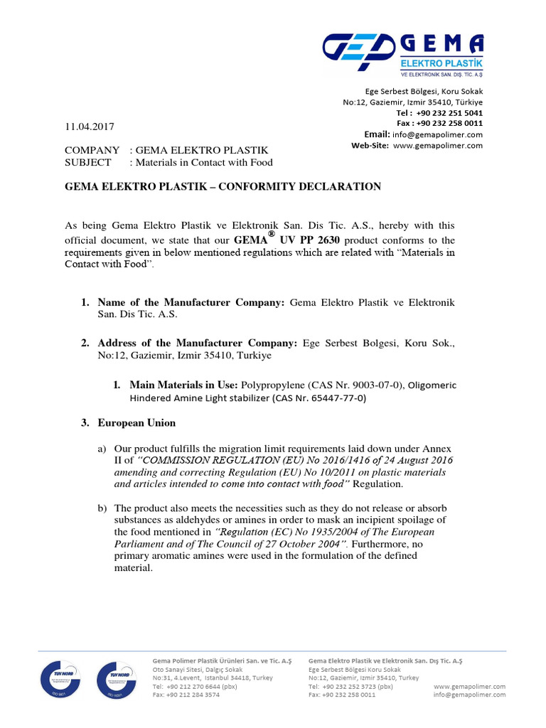 GEMA UV PP2630 Materials - in - Contant - With - Food - Conformity ...