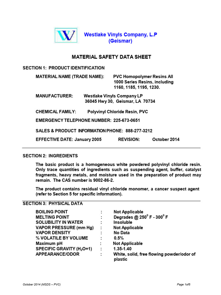 Westlake Vinyls PVC MSDS Geismar Oct 2014 | PDF | Polyvinyl Chloride ...