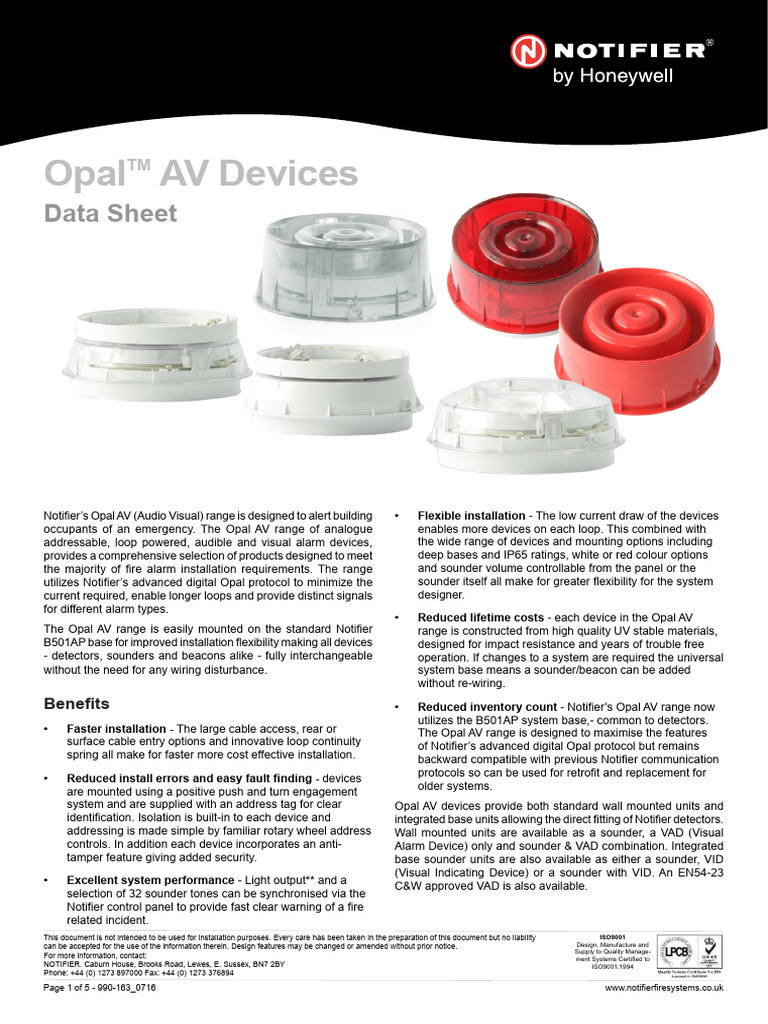 Notifier Opal AV Alarm Device Overview | PDF | Telecommunications ...