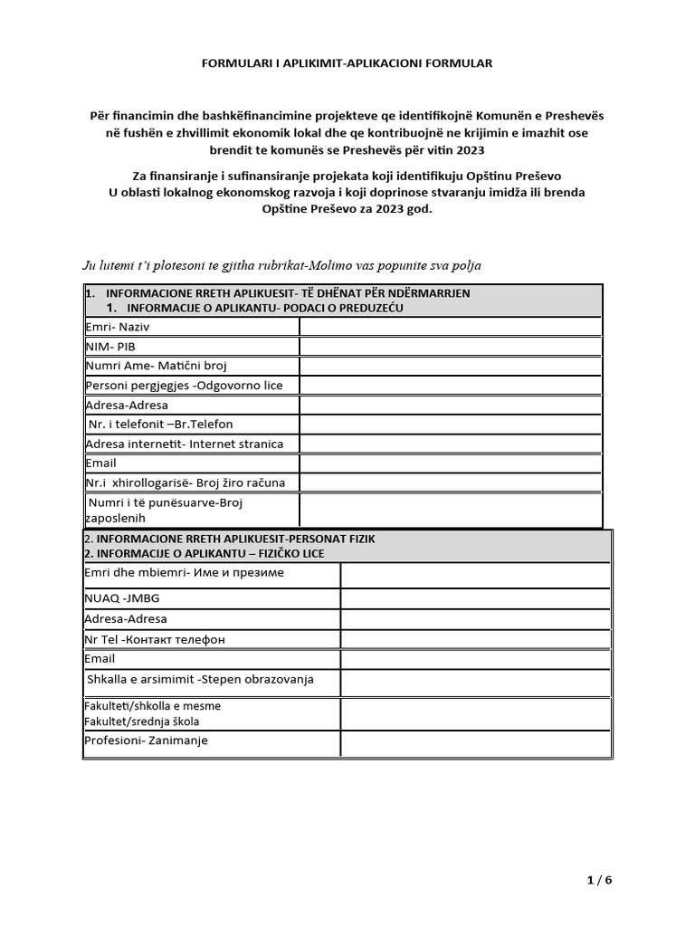 Formulari I Aplikimit Aplikacioni Formular | PDF